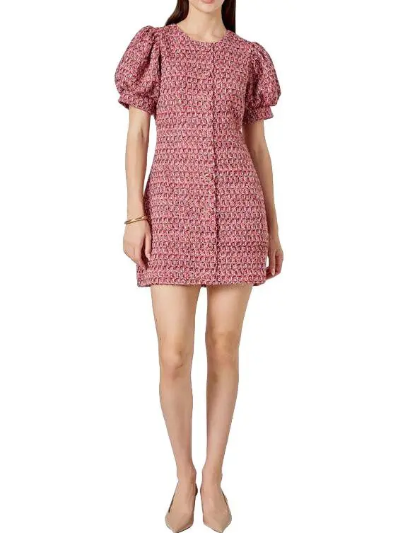 Endless Rose Puff Sleeve Tweed Minidress - Berry Multi