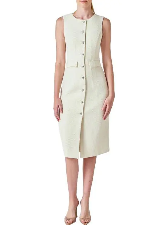 Endless Rose Sleeveless Tweed Midi Sheath Dress - Cream