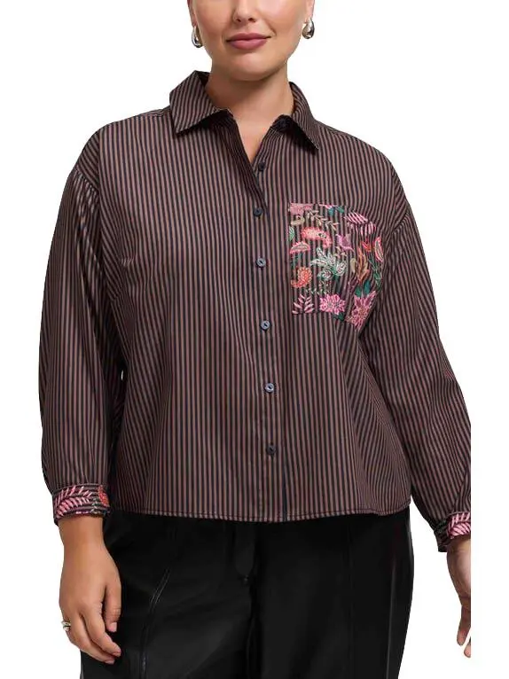 Foxcroft Marina Contrast Pocket Stripe Cotton Poplin Button-up Shirt - Brown Multi
