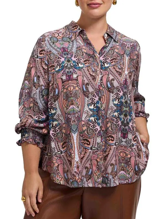 Foxcroft Olivia Paisley Smocked Cuff Button-up Shirt - Beige