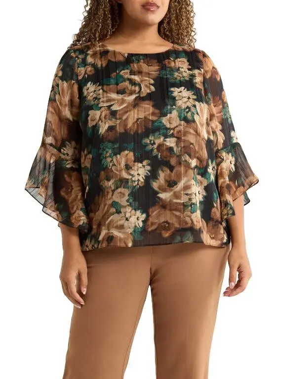KASPER Metallic Floral Ruffle Sleeve Top - Evergreen Multi