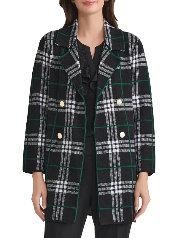 KASPER Plaid Longline Open Front Sweater Coat - Evergreen Multi