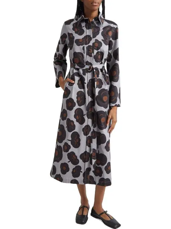 Marimekko Floral Long Sleeve Twill Shirt Dress - Grey Black Brown