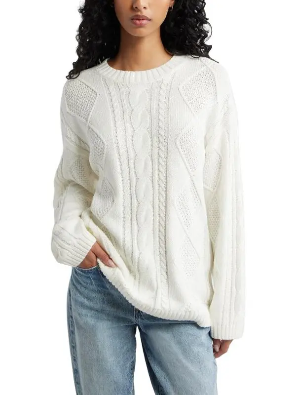 Bp. Cabled Oversized Cotton-blend Crewneck Sweater - Ivory