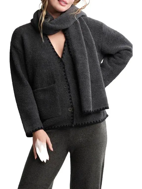 Barefoot Dreams Cozychic Blanket Stitch Cardigan With Detachable Scarf - Dark Moss