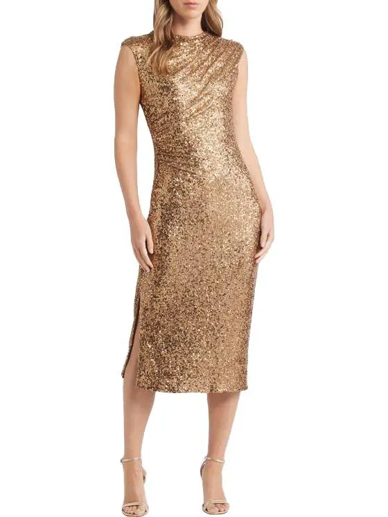 Anne Klein Draped Sleeveless Sequin Sheath Midi Dress - Gold