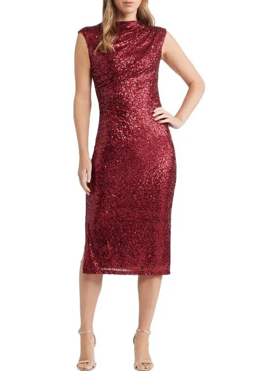 Anne Klein Draped Sleeveless Sequin Sheath Midi Dress - Titian Red