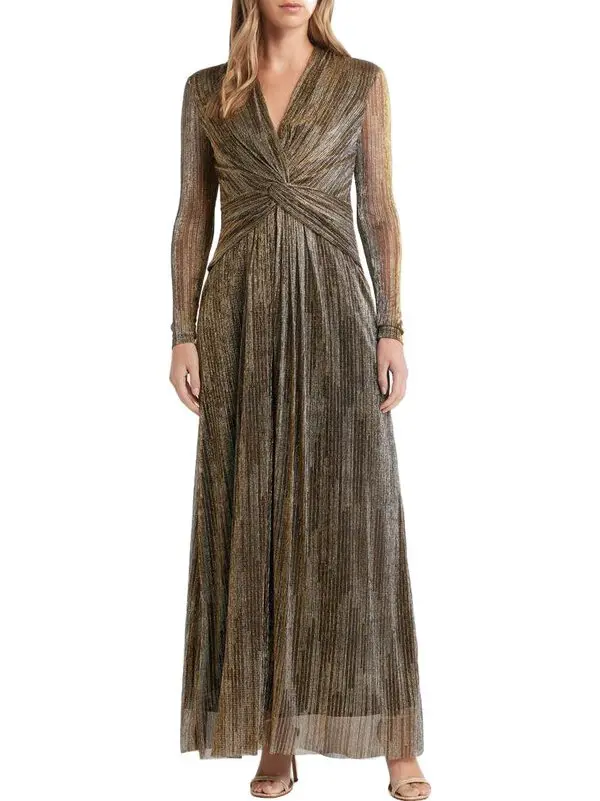 Anne Klein Twist Front Metallic Maxi Dress - Gold/anne Black