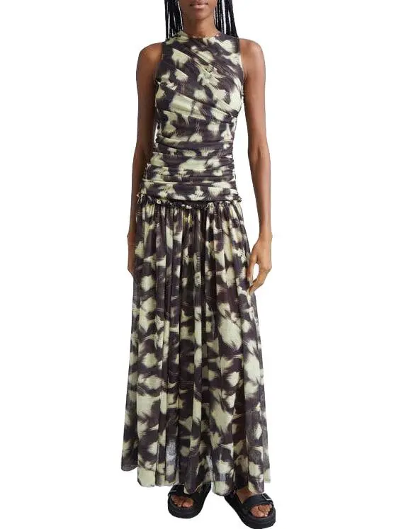 SIEDRES Alina Print Ruched Open Back Mesh Dress - Ivory Multi