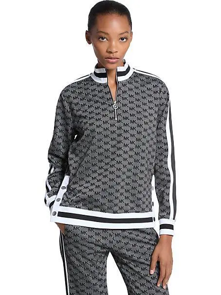 Michael Kors Logo Print Metallic Stretch Knit Half-zip Jacket - Silver
