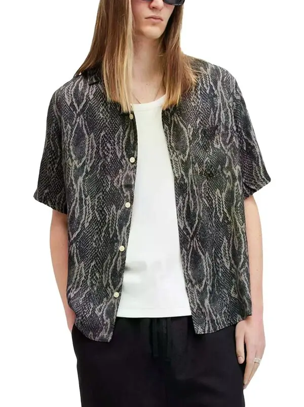 ALLSAINTS Snakeskin-print Short-sleeve Shirt - Black