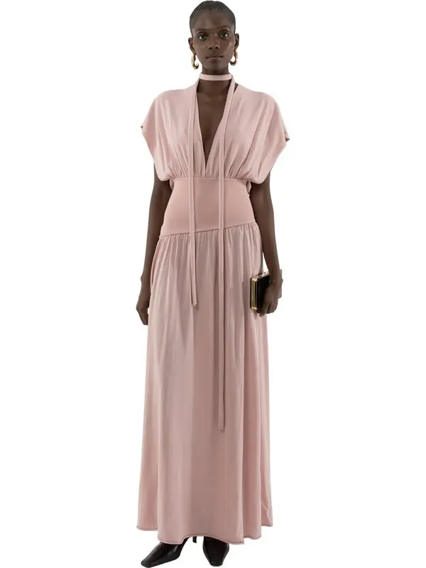 Arakii Maxi Knitted Dress With Deep V-neck - Light Pink