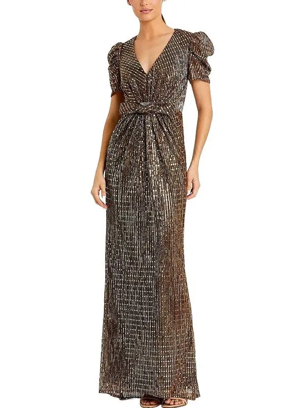 Mac Duggal Ieena Bow Waist Metallic Gown - Bronze