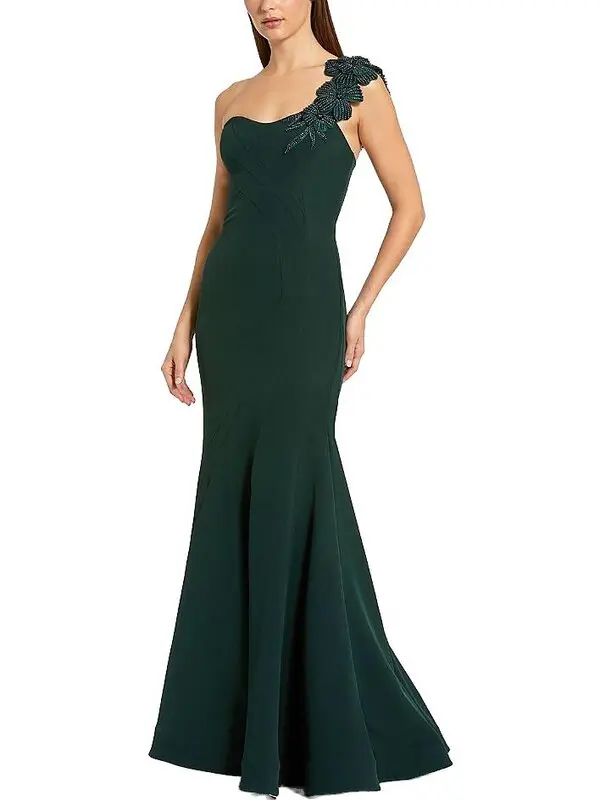 Mac Duggal Crepe One-shoulder Beaded Flower Mermaid Gown - Deep Green