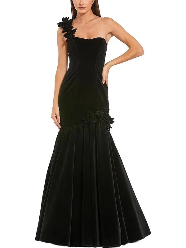 Mac Duggal Velvet One Shoulder Trumpet Gown With Floral Detail - Black