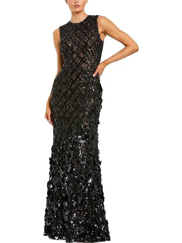 Mac Duggal Sleeveless Beaded Sequin Mesh Mermaid Gown - Black Nude