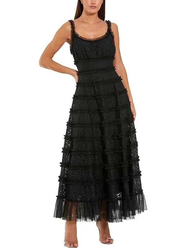 Mac Duggal Sleeveless Lace A-line Midi Dress With Ruffles - Black
