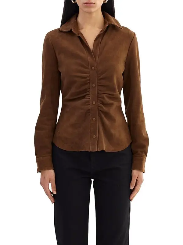 LAMARQUE Ruched Collared Suede Shirt - Brown