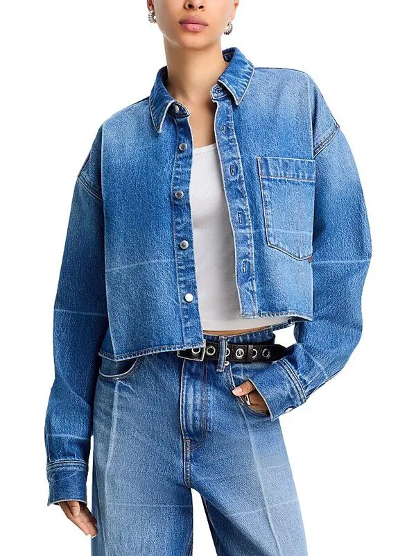 Alexander Wang Cropped Denim Button Down Jacket - Vintage Marbled Blue