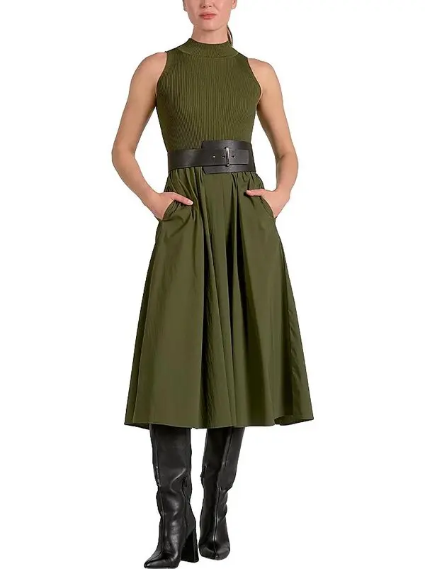 Elan Mixed Media Midi Dress - Pine