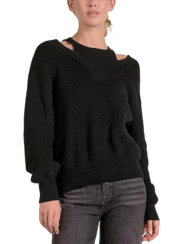 Elan Deep V-neck Pullover Sweater - Black/ Black