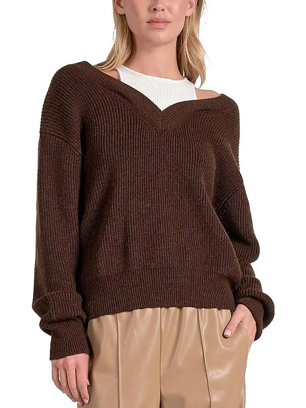 Elan Deep V-neck Pullover Sweater - Brown/ White