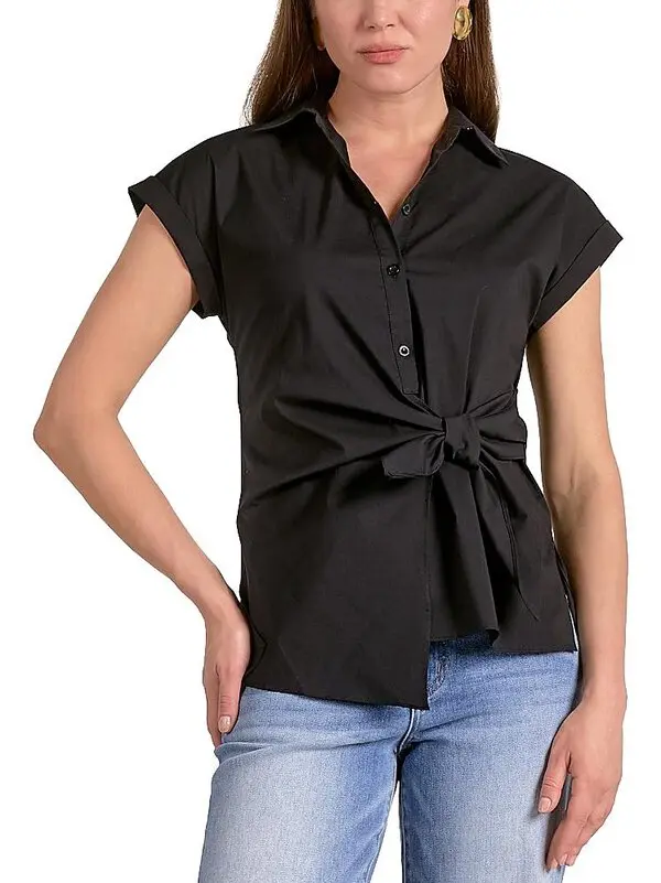 Elan Button-down Tie Waist Shirt - Black