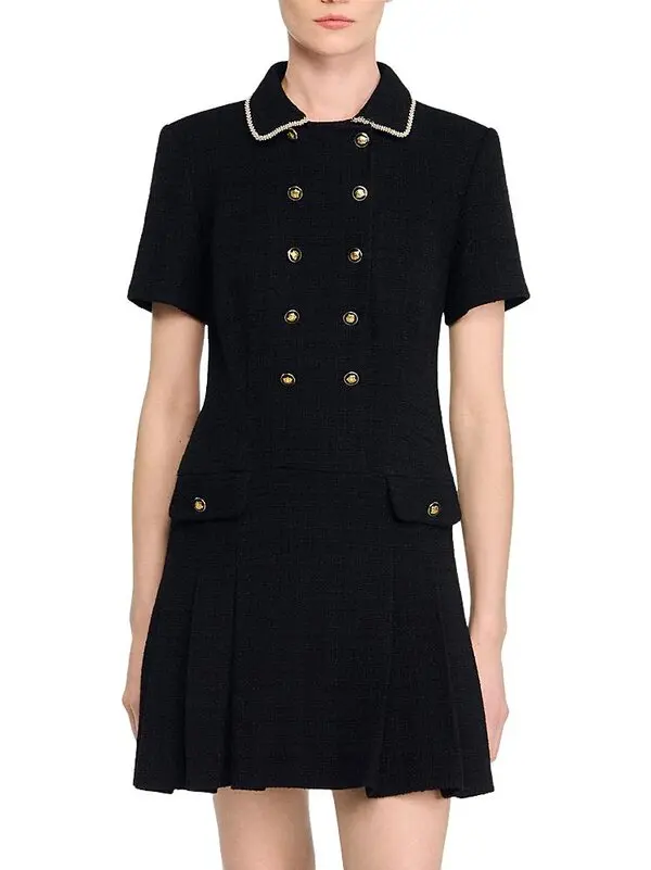 Sandro Button Front Tweed Dress - Black