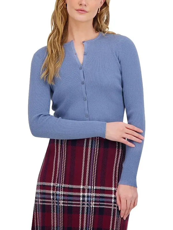 POINT Knit Crewneck Cropped Cardigan Sweater - Retro Blue