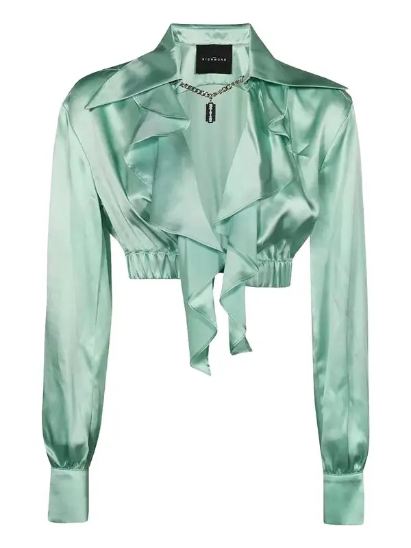 John Richmond Ruffled Silk Cropped Shirt - Green
