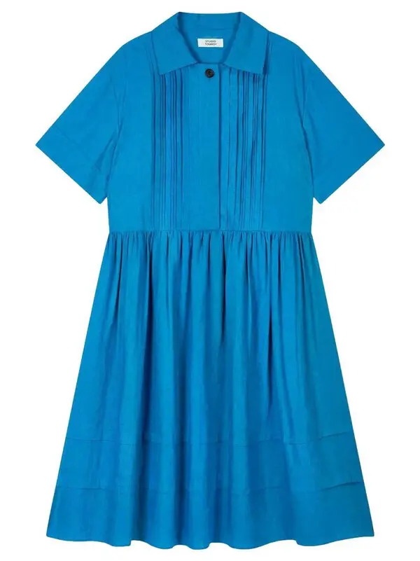 STUDIO TOMBOY Pleated Collared Mini Shirt Dress - Blue