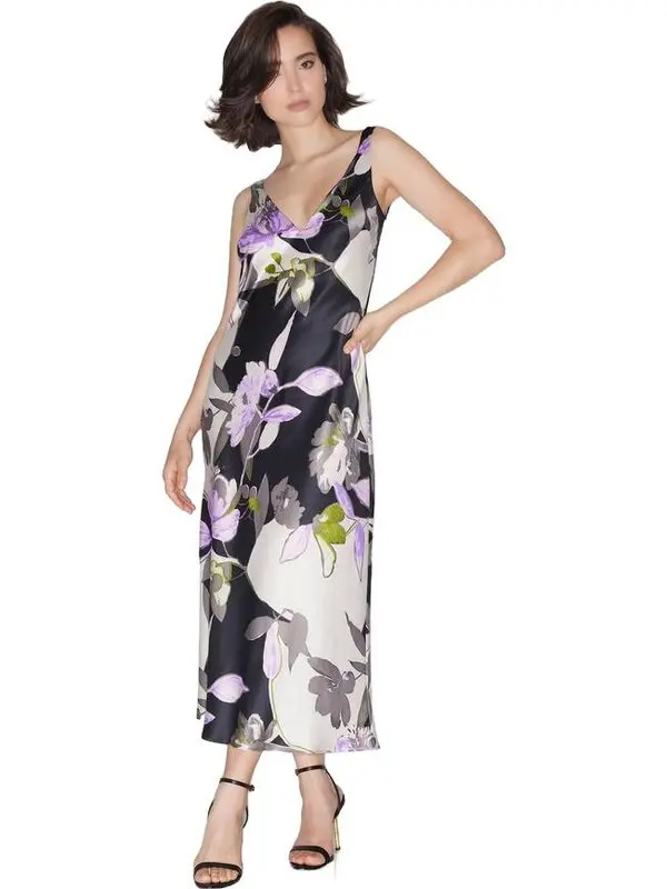 Natori Tsubaki Satin Tank Slip Dress - Black / Floral / Multicolor