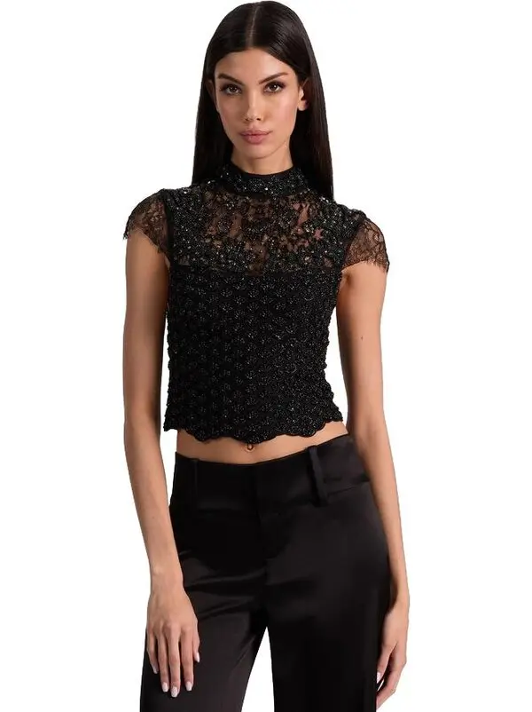 Alice + Olivia Pria Embellished Lace Top - Black