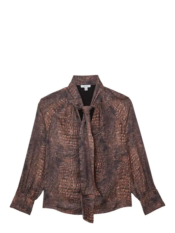 REISS Naomi Crocodile-print Tie-neck Blouse - Brown