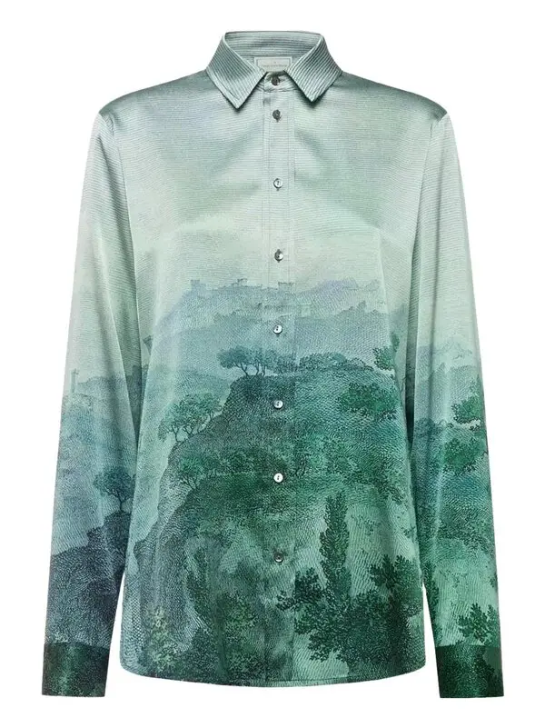 PIERRE-LOUIS MASCIA Landscape-print Silk-blend Shirt - Green