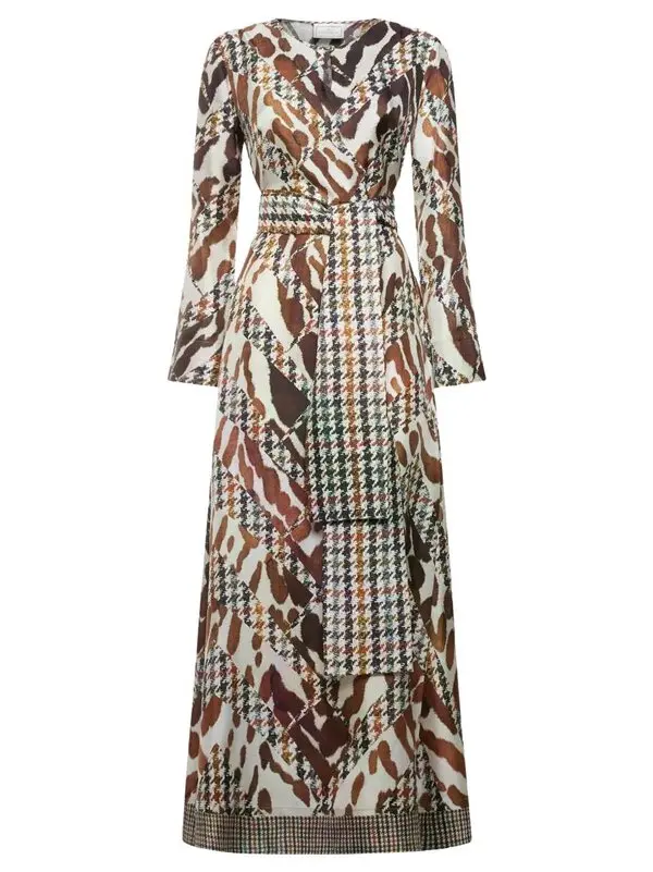 PIERRE-LOUIS MASCIA Houndstooth Animal Print Maxi Dress - Brown