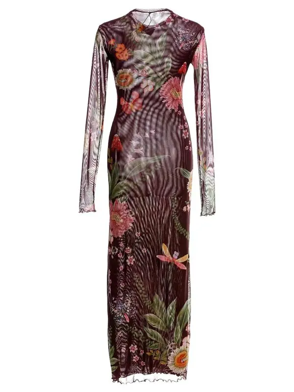 Agua Bendita Floral-print Mesh Maxi Dress - Brown