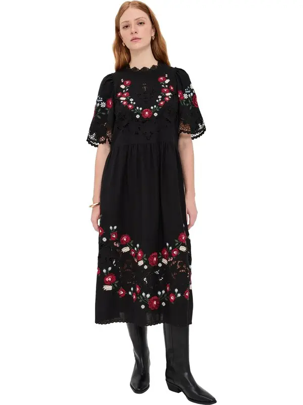 Sea Rosaline Embroidery Midi Dress - Black