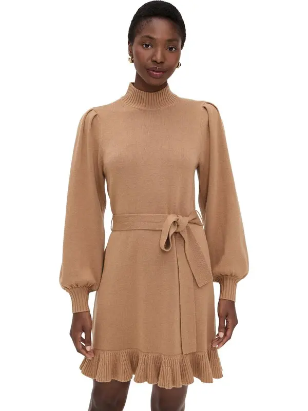 Paige Mini Knit Dress With Self-belt - Camel