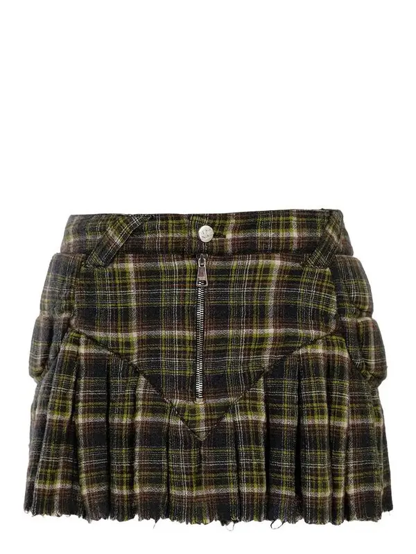 Natasha Zinko Upcycled Flannel Pleated Moto Skirt - Green