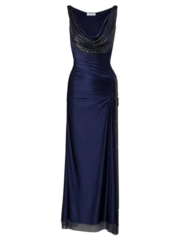 Rabanne Embellished Gathered Satin Maxi Dress - Blue