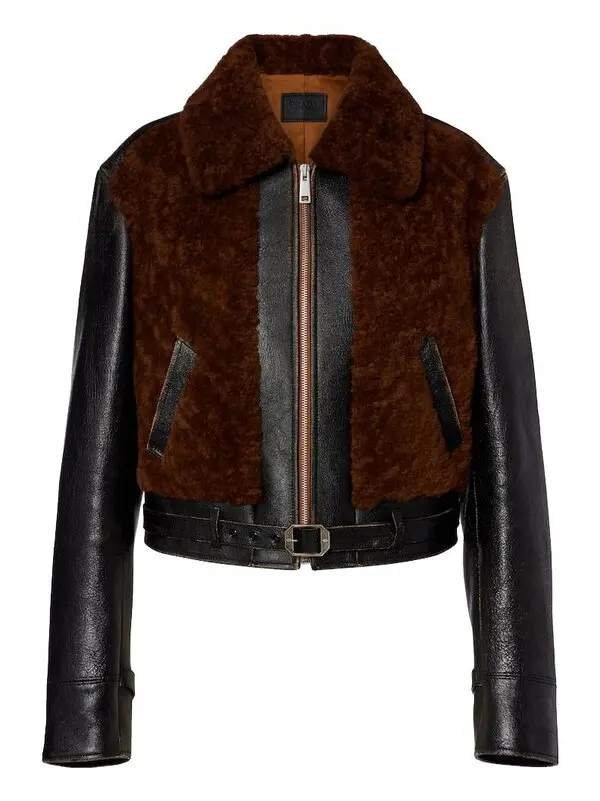 Prada Belted Shearling-trimmed Leather Jacket - Brown