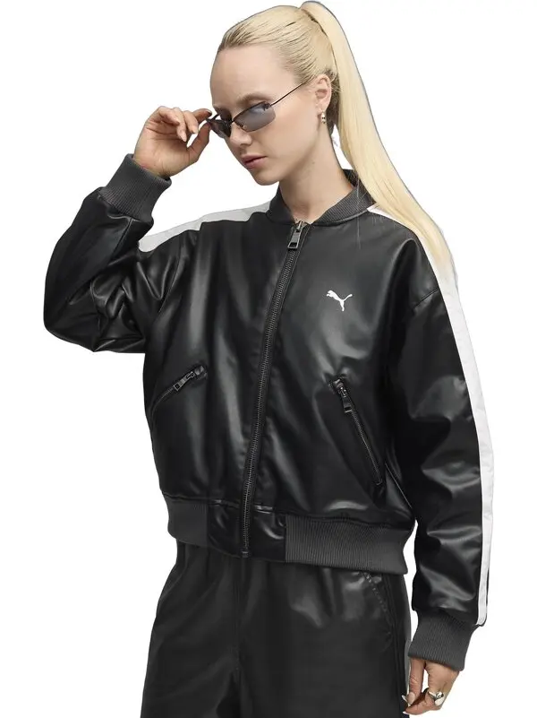 PUMA T7 Pleather Bomber Jacket - Black