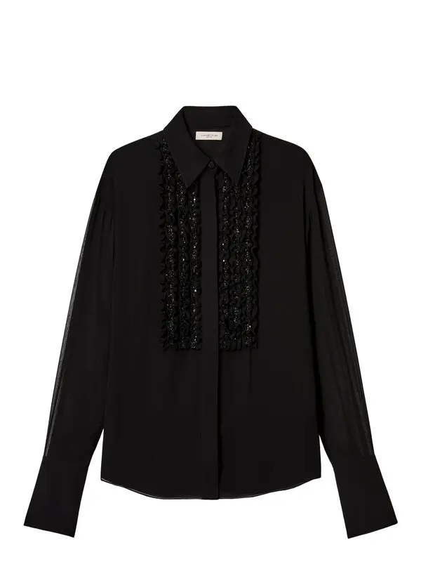 Lafayette 148 New York Silk Georgette Beaded Tuxedo Blouse - Black