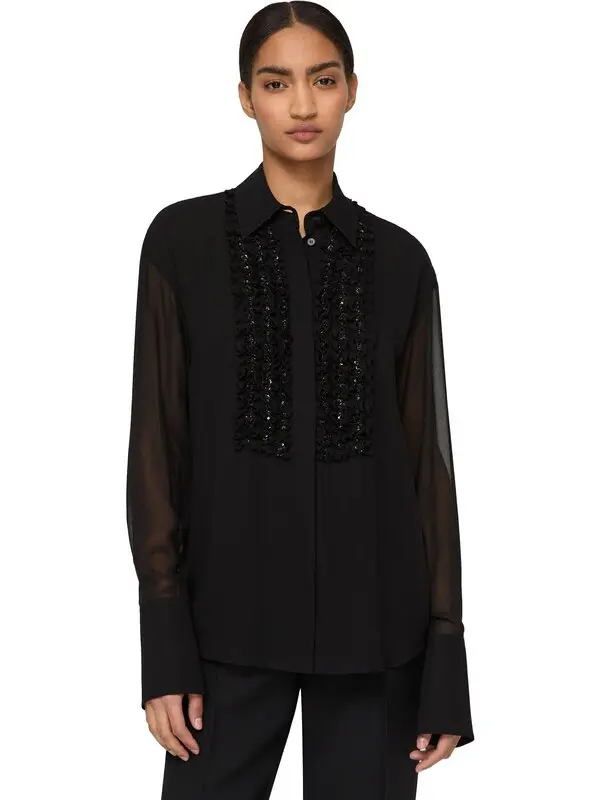 Lafayette 148 New York Silk Georgette Beaded Tuxedo Blouse - Black