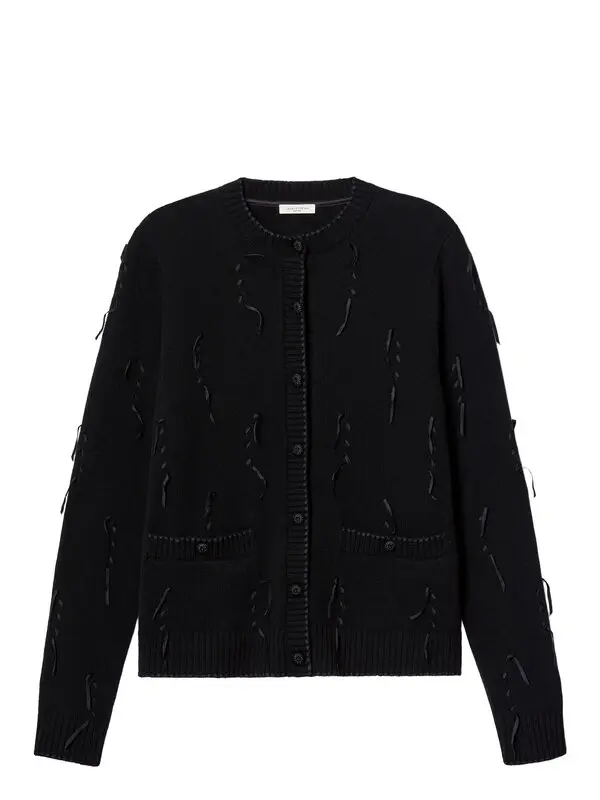 Lafayette 148 New York Hand Embellished Ribbon Cashmere Cardigan - Black
