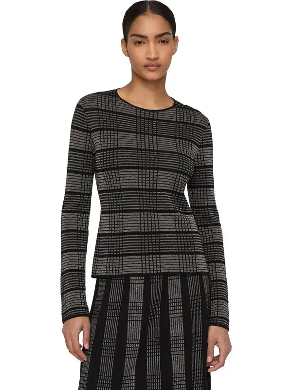 Lafayette 148 New York Metallic Check Stripe Crewneck Sweater - Black Metallic