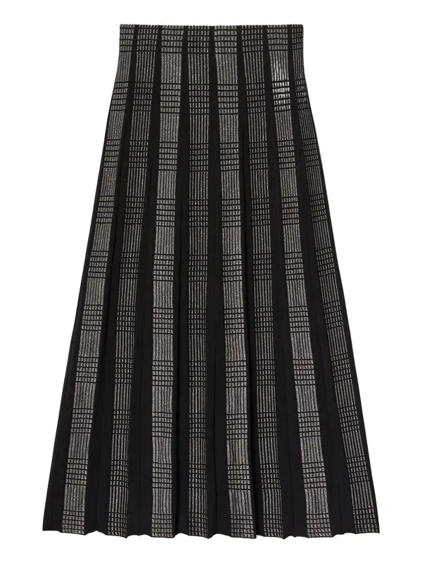 Lafayette 148 New York Metallic Check Stripe Knit Midi Skirt - Black Metallic