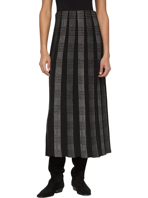 Lafayette 148 New York Metallic Check Stripe Knit Midi Skirt - Black Metallic