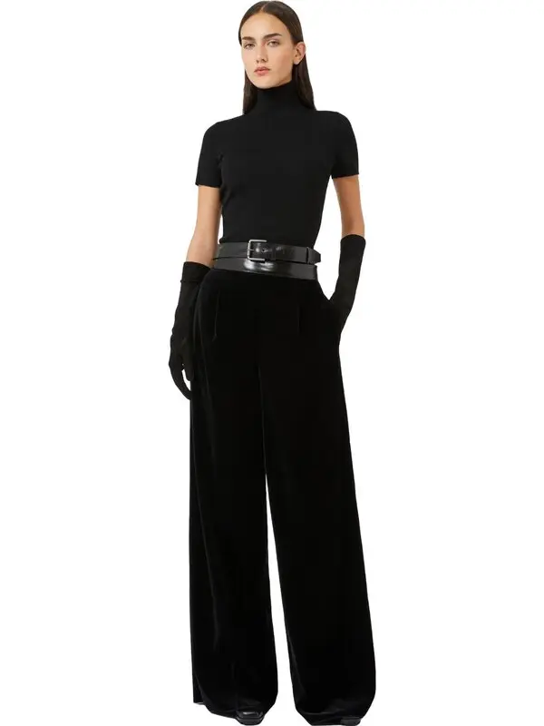 Max Mara Sateen Velvet Wide Leg Trousers - Black